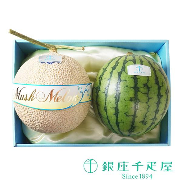 ・静岡県産　マスクメロン（約1.3kg〜)×1、群馬県産・小玉すいか×1（重さ：約1.3kg前後）関連キーワード：銀座千疋屋,ギフト,高級フルーツ,通販,果物,