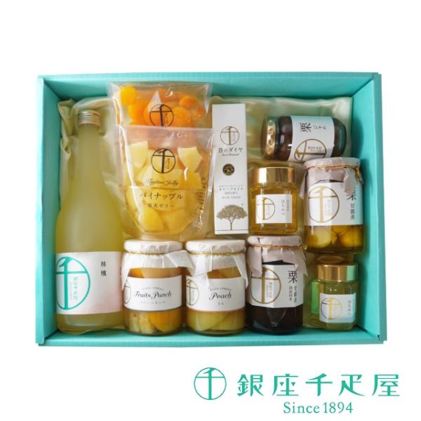 ・リンゴジュース・ハチミツ150g×２・果実ゼリー（パイン・みかん）・栗渋皮・栗甘露・コンポート（白桃・フルーツポンチ）・栗ジャム・蒼のダイヤ（国産オリーブオイル）※在庫状況により詰め合わせ内容が替わることがあります。何卒、ご諒承くださいま...