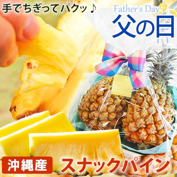 手でちぎって食べられる「沖縄産スナックパイン」を父の日用にラッピングいたします！◆沖縄産スナックパイン2玉◆常温便でお届けいたします。◆舟型の化粧箱にパインを入れて、箱の下から透明なセロファンで覆い父の日の特別ラッピングを施します。 それを...