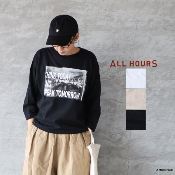 ブランドALL HOURS オールアワーズ商品名6.0OZ MIDI WEGHT 9TH SLEEVE 『THINK TODAY...』概要9分袖の絶妙な長さ、6.0ozの程よい厚みのロングスリーブTシャツ。フォトプリントにロゴを入れたデザ...