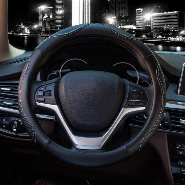 商品名:  Valleycomfy Leather Steering Wheel Covers Universal 15 inch -Breathable, Anti Slip &amp; Odor Free (Black with Whi...