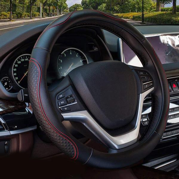 商品名:  Valleycomfy Leather Steering Wheel Covers Universal 15 inch -Breathable, Anti Slip &amp; Odor Free (Black with Red...