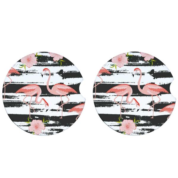 商品名:  Car Coasters for Cup Holders Ceramic Drink Cup 2 Pack Pink Flamingo Black and White Stripes 2.56 Inch Absorbent Co...