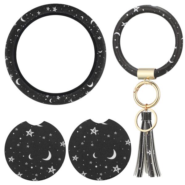 商品名:  4 Pieces Black Moons White Stars Print Car Accessories Set Black Moons White Stars Steering Wheel Cover with 2 Pie...