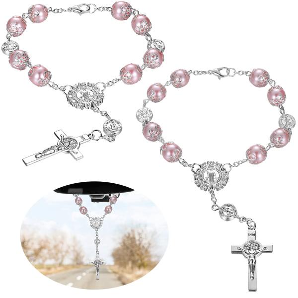 商品名: 聖ベネディクト 車用ロザリオ 2個 バックミラー 自動ロザリオ 吊り下げ式 パーソナライズされた車 クロス 祝福 カトリックカー メダル トラック バイク オートバイ 車 ミラー 吊り下げアクセサリー 装飾 (ピンク) Saint...