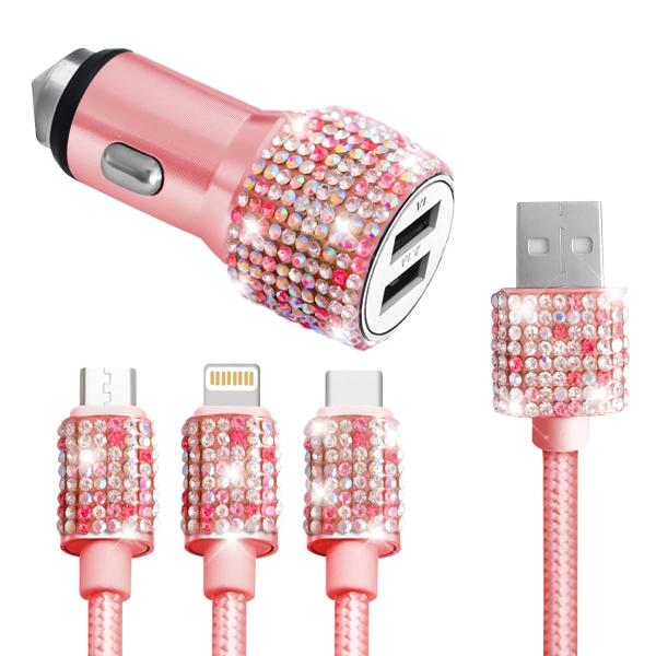 商品名: Bling デュアルUSBカーチャージャー 3イン1マルチ高速充電ケーブル付き デュアルポート充電器アダプター Type CマイクロUSBコード付き iPhone、Android、ラインストーンカーインテリアアクセサリー 女性用 ...