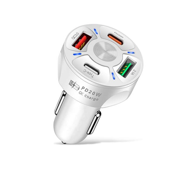 商品名: 車用充電器アダプター 4ポート USB高速車載充電器 QC3.0/PD20W/Type-c/2.1A スマートシャント車載電話充電器 iPhone 14 13 12 Pro Max/すべてのスマートフォンに対応 (ホワイト) Ca...
