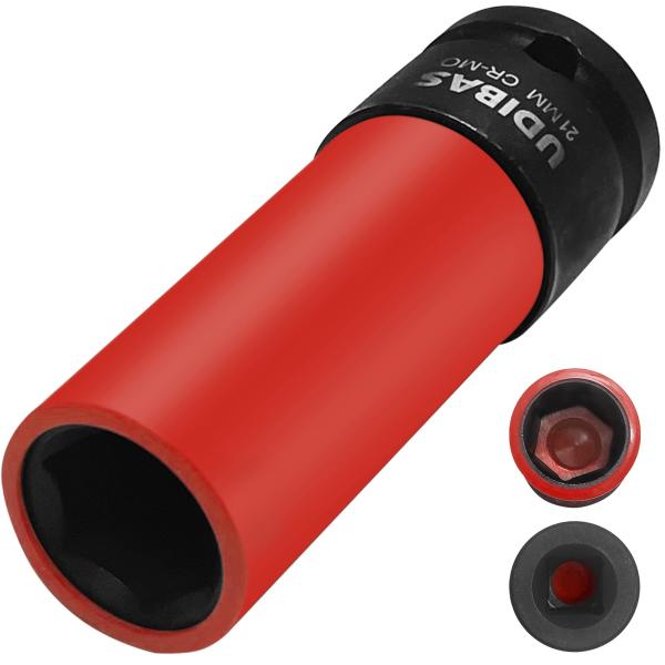 商品名: Udibas 21mm 1/2インチ ドライブインパクト ラグナットソケット 深型 メトリック 保護スリーブ付き 高強度 傷つかない CR-MO素材 薄肉ホイールプロテクター 21mm 1/2-Inch Drive Impact ...