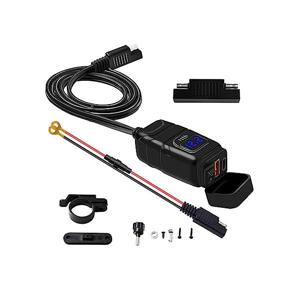 商品名: Ankuee オートバイ用USB電話充電器 防水 SAE - USBアダプター 電圧計とオン/オフスイッチ付き デュアルUSBクイックチャージ3.0充電器 オートバイアクセサリー 携帯電話、タブレット、GPSなど用 (ブルー) A...