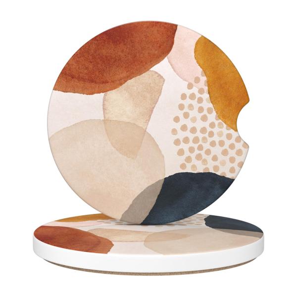 商品名: 車用カップホルダーコースター カップホルダー用カーコースター 2枚パック ユニバーサル 滑り止め インサート 吸収性セラミックカーコースター 指のノッチ&amp;コルクベース カーインテリアアクセサリー (シンプルな抽象アート) ...