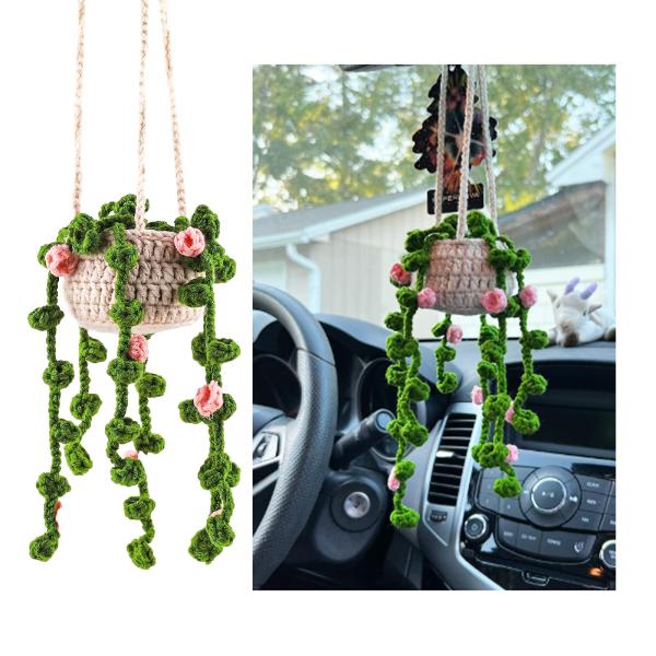 商品名:  Kewucn Boho Car Plants Crochet Rear View Mirror Accessories, Cute Auto Pendant Crochet Plants Hanging Baskets, Gre...