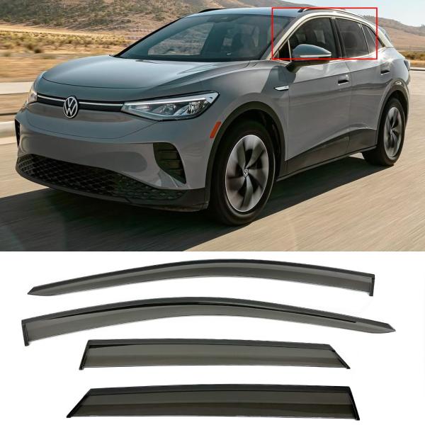 商品名:  FITS 2021-2024 VOLKSWAGEN ID.4 SMOKE TINTED WINDOW VISOR W/BLACK TRIM RAIN GUARDブランド: Syon Auto重量: 1814g商品番号: Wind...