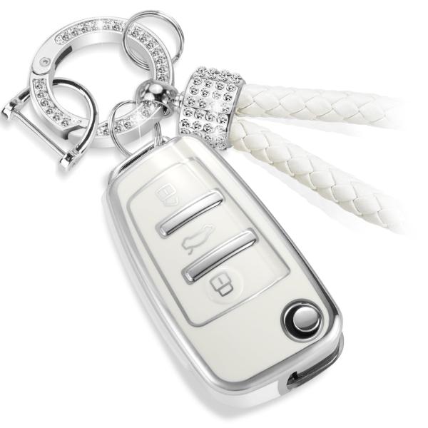商品名: CTRINEWS アウディキーフォブカバー 高級ダイヤモンド キラキラ編みロープキーチェーン付き アップグレードされたソフトキーケース A1 A3 A4 A5 A6 Q3 Q5 Q7 TT S3 R8 キーフォブシェル (シルバー...