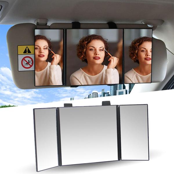 商品名: UGSHY 車用三つ折り折りたたみサンバイザー バニティミラー 12インチ x 5.5インチ 旅行用高解像度バニティミラー ポータブルベルクロマウントサンバイザー メイクアップミラー 車のインテリアアクセサリーにユニバーサル(ブラ...