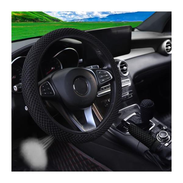 商品名: Bittwee 3ピース 15インチ 車用ハンドルカバー アームレストカバー ギアシフトカバーセット マイクロファイバー 通気性 滑り止め 自動車ステアリングホイールプロテクター 車内装飾 ユニバーサルフィット (ブラック) Bi...