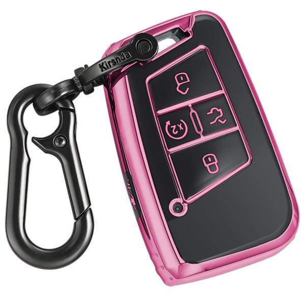 商品名: フォルクスワーゲン用Kirsndaキーフォブカバー、キーチェーン付きケース、ソフトTPU保護キーケース/スキン、5つのボタンはVW Tiguan Atlas Jetta Passat Golf Alltrackリモートキー(ピンク...
