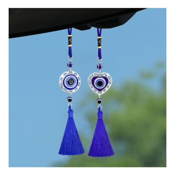 商品名: Sylvil ブルーアイ カーハンギングオーナメント ラッキーブレスブルーアイ リアビューミラーチャームペンダント タッセル 自動車インテリア 吊り下げお守り 窓のドア用 カーアクセサリー装飾 (ラウンド+ハート) 2個 Sylv...