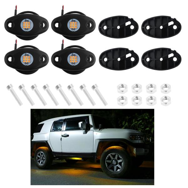 商品名:  4PCS Cool LED Rock Lights for Trucks/Cars/ATVs/SUVs,IP68 Waterproof &amp; Shockproof Underglow LED Lights for Cars...