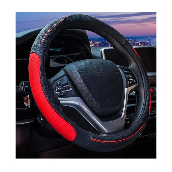 商品名: BELOMIレザーカーハンドルカバー、通気性の滑り止め付き車両ハンドルプロテクター、ソフトオートデコレーションアクセサリー、15インチユニバーサル車両、SUV、RVなどに (ブラック/レッド) BELOMI Leather Car...