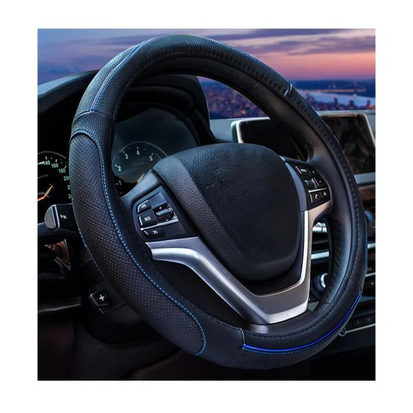 商品名: BELOMIレザーカーハンドルカバー、通気性の滑り止め付き車両ハンドルプロテクター、ソフトオートデコレーションアクセサリー、15インチユニバーサル車両、SUV、RVなどに (ブラック/ブルーライン) BELOMI Leather ...