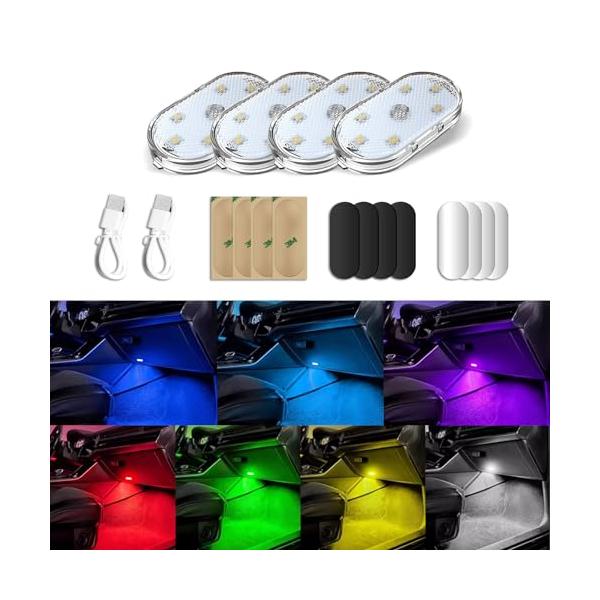 商品名:  HEVLE 4PCS 7 Colors Magnetic Car Interior Ambient Lights Wireless, Mini USB C Rechargeable Car Led Lights Interior...