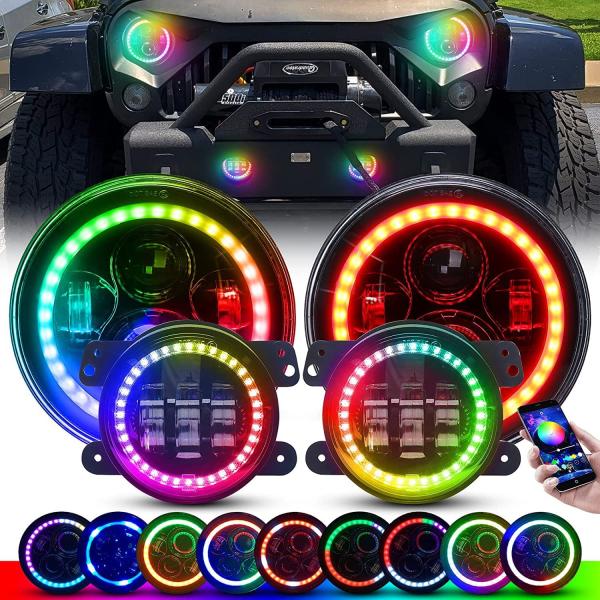 商品名:  7" RGBW Halo Headlights w/ 4" Fog Lights Combo - APP Controlled Custom Colors, Music Mode, IP67 Waterproof - Fits ...