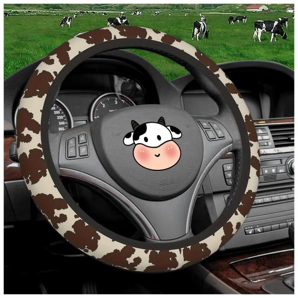 商品名: SuperKaKa ブラウン牛柄ハンドルカバー、かわいい自動滑り止め通気性牛柄カバープロテクター ユニバーサルカーインテリアアクセサリー 男女兼用 SuperKaKa Brown Cow Print Steering Wheel ...