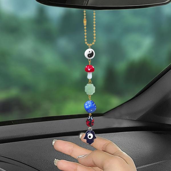 商品名: Sosolong Devil's Eye カーチャーム、キュートでラッキーなバックミラーサスペンションアクセサリーには、サイコロ、クローバー、マッシュルームが含まれます。 Sosolong Devil's Eye Car Char...