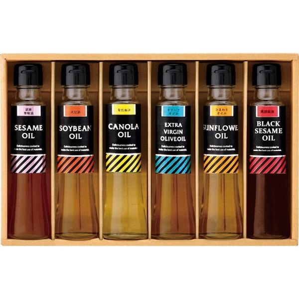 様々なクッキング用オイルの詰合せ。機能性オイルを食卓に、お料理に合わせてお使いいただけます。●商品内容:胡麻香味油・大豆油・なたね油・エキストラヴァージンオリーブオイル・ひまわり油・黒胡麻油（各90g）×各1●外装サイズ: 箱21×32×5...