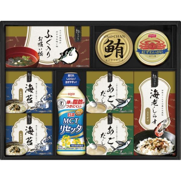 日清MCTリセッタと和風食品の詰合せ●商品内容:あごだし(6g×2)・海苔茶漬け(5.5g×2)×各2、日清MCTリセッタ（200g）・鮪油漬けフレーク（70g）・ニッスイ紅ずわいがにほぐし身（55g）・ふぐ入りお吸いもの（3.2g×3)・...