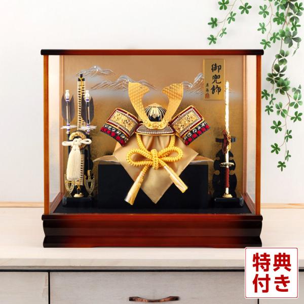 【2026年度新作五月人形】 省スペースでコンパクトにお飾りいただける兜ケース飾りです。輝かしいゴールドの兜は、鍬形や吹き返しの装飾など、細部まで丁寧に作りこまれています。落ち着いた色合いで仕立てたケースの背景には、美しい山々がデザインされ...