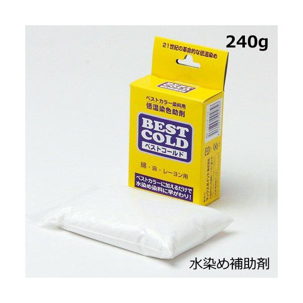 ◆ベストカラーに加えるだけで水染め染色ができる粉末助剤です。◆電気、ガスなどの加熱設備がなくても簡単に短時間で染色が可能です。◇内容量：240g ＜Tシャツ1枚を染める場合＞(1)ベストカラー30mlを熱湯500mlで溶かし、ベストコールド...