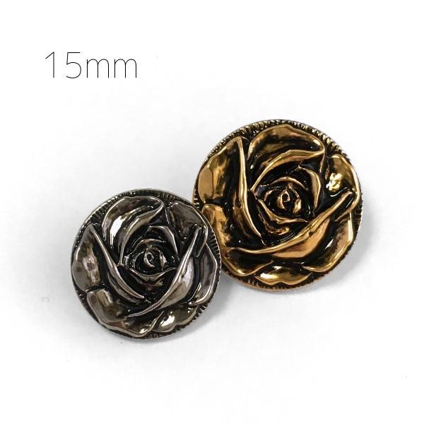 【発売日：2000年01月04日】ローズ（薔薇）モチーフのボタンです。墨入り加工がアンティークな雰囲気です。ツヤありのボタンです。▼商品詳細▼【サイズ】直径15mm　※全体高さ…6.5mm、足除く厚み…3mm【入数】1個【材質】ABS樹脂メ...