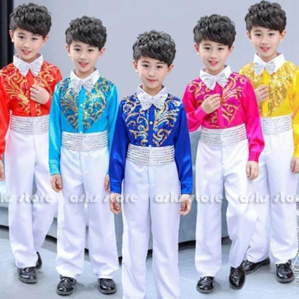 子どもスーツ 舞台衣装 子ども服 4点セット 男の子 シャツ パンツ 蝶ネクタイ ベルト スパンコール キラキラ 子供服 キッズ服 ジュニア ダンスウェア 小学生 幼