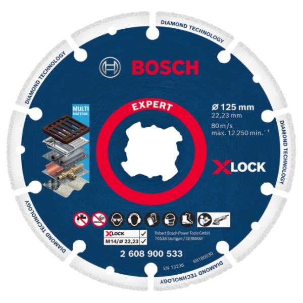 ボッシュ BOSCHX-LOCK ダイヤモンドメタルホイール2608900533■商品説明・普通鋼、ステンレス鋼、モルタルライニング鋳鉄管、ホーロー等の切断作業・外径：125mmφ・刃厚：1.4mm・最高使用回転数：80m/s・X-LOCK