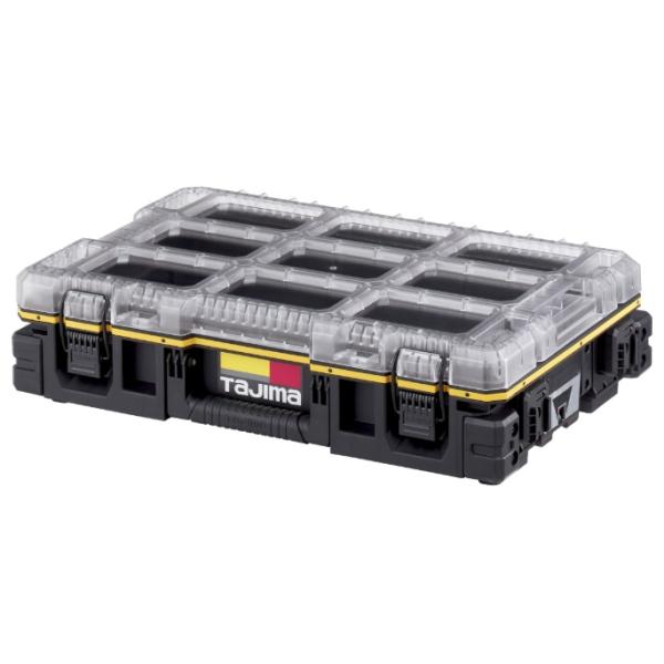 タジマ TAJIMAセフパーツボックス品番流通コード：TB-PBOX■特長・工具や小型パーツの収納に適したツールボックス・透明なトップカバーでフタを開けずに中身の確認が可能・外側にセフホルダー機能（4個）を搭載・重ねて置くだけでしっかりと連...