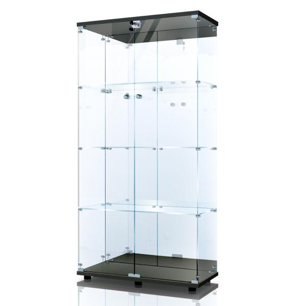 背面ミラー付き！4段式のガラスケース・コレクションケース！強化ガラスを仕様しているため、万が一割れてしまった場合も鋭利な破片ではなく細かな粒状になり大事なコレクションの展示にも安心。カギ付きなので店舗で使用される方にもおすすめです。組み立て...
