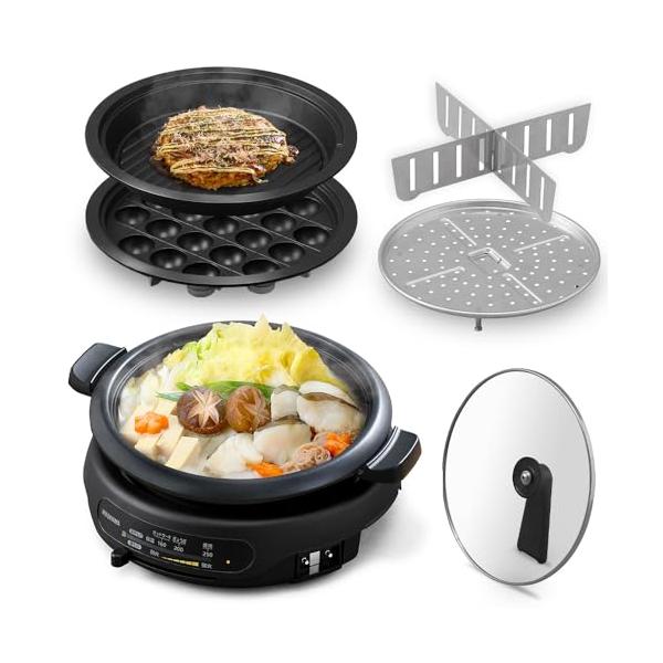 プレート3枚(深なべ+溝付+たこ焼き)+蒸し板+仕切り板ブラック/-/IGU-B3-B・Style:プレート3枚(深なべ+溝付+たこ焼き)+蒸し板+仕切り板・パッケージ個数:1・商品サイズ（cm）／溝つきプレート装着時：幅約33.4×奥行約...