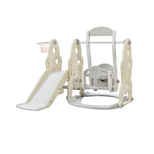 クライマーホワイト×ベージュ/-/PP298846・Color:ホワイト×ベージュ・【機能満載3in1、楽しい滑り台】かわいいロケット形のパネル 1、滑り台 2、ブランコ 3、バスケットゴール。滑り台はゆるなかなスロープ設計。安全な35°の...
