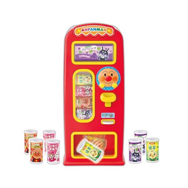 レバーを押すとどんどん出てくる!アンパンマンのミニ自販機!・レバーを押してジュースをどんどん買っちゃおう!・缶が落ちてくるのがみえるよ!・電池不要・(C)やなせたかし/フレーベル館・TMS・NTV
