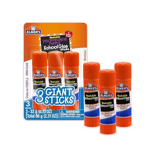 パープル/-/E562・パッケージ個数:1・Elmer's のジャンボスティックのり3本セット・無酸性、非毒性、水性・紫に発色し、乾くと無色になります