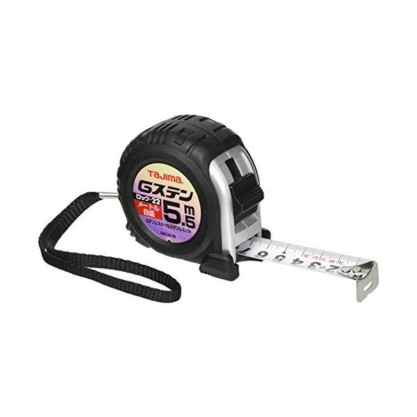 幅22mm黒/長さ5.5 m/GSL2255BL・Size:長さ5.5 mStyle:幅22mm・パッケージ個数:1・●移動爪●ロックタイプ●JIS1級●両面目盛●455mmピッチ表示:あり●減速ボタン:なし●ショックアブソーバー:あり・●...