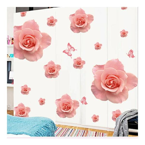 ウォールステッカー ピンクのバラの花 壁紙 シール 賃貸OK はがせる 剥がせる DIY 模様替え インテリア ばら 薔薇 ローズ ピンクローズ 蝶々 ちょうちょ バタフライ
