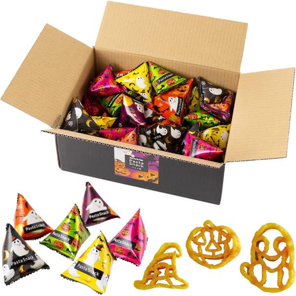 ハロウィーンモチーフのかわいいパスタスナックがカラフルな個包装になって40個入り！手のひらサイズで大人数にも配りやすい！※こちらの商品はギフト対応（包装、熨斗、手提げ袋）不可となっております。ギフト対応をご希望の場合は、当店の「パスタスナッ...