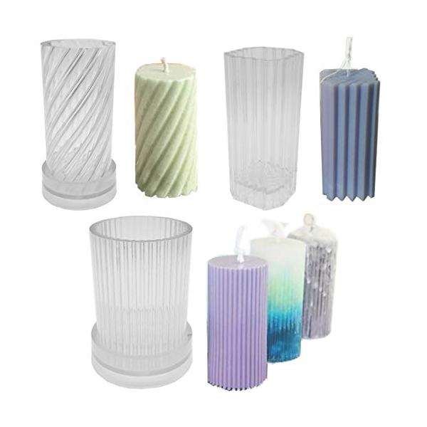 「商品情報」「主な仕様」色々なフォルムの手作りキャンドルを制作できる、ポリカーボネート製のモールドセットです。ウィックを硬化後に通せるガイドスティック付き。【セット内容】表面が凹凸に仕上がる ポリカモールド 3種 （円柱ストレート、円柱スパ...