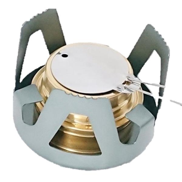 【燃料用アルコール使用アウトドアストーブ】アルコールを注入するだけで、利用可能なアウトドア調理用コンロソロキャンプに適した小型サイズアウトドアで一人分のコーヒーを入れたりちょっとした調理に便利【ゴトク付きミニコンロ】五徳付きでクッカーやシェ...