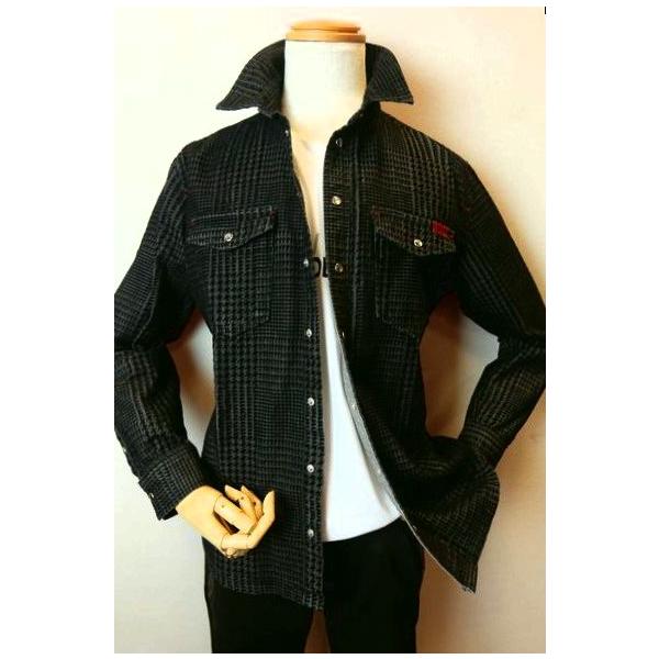 メンズファッション　ブランド「コードビー　グレンチェック柄フロッキーデニムオーバーシャツ」デニム地にグレンチェック柄のフェルト状生地を圧着した凹凸感のあるフロッキー加工が特徴、羽織っての着用もお勧め前ホック止めのオーバーシャツです。両胸フラ...