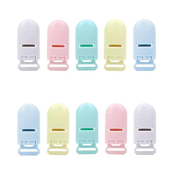 セット内容：ワンタッチクリップ 10個セット 材質：プラスチック製 サイズ ：長さ40mm、幅18mm、内径15mm クリップの開口幅8mmカラー：5色各色2個ずつ ピンク、ホワイト、ライトブルー、ライトイエロー、ミントグリーン DIYを楽...