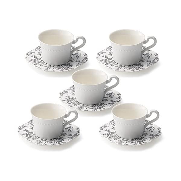 本体サイズ：白カップ/Φ9.5*h6.5*(250ml)　ソーサー/16.5*16*h1.5*素材・材質：磁器　原産国：中国優雅でロマンティックな大人の空間を演出するカップ＆ソーサー５客セットです。 ソーサーにはお菓子などをのせて単体として...