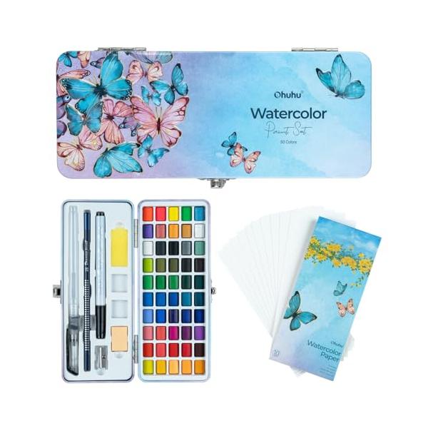 豊富な50色セット：Ohuhuの固形水彩は、38色の基本色をベースに4色の蛍光カラーや8色のメタリックカラーが揃っています。38色の基本色は、日常の塗り絵やスケッチすることなどに最適。蛍光カラーは、華やかな質感を加えることができます。メタリ...